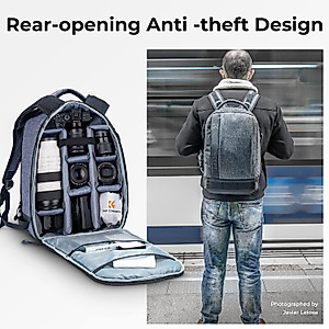 K&F Concept Professional Camera Backpack Large Size Photography Bag Compatible with Camera DSLR, 14.4'' Laptop,Tripod (Grey)