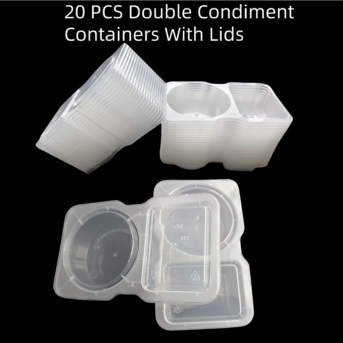 HNOYGNU 20 Sets Double Compartment Condiment Containers with lids,2 Compartment Snack Containers Snack Disposable Plastic Dip Container Snack Container for Takeaway Sauces, Dips and Travelling Snacks
