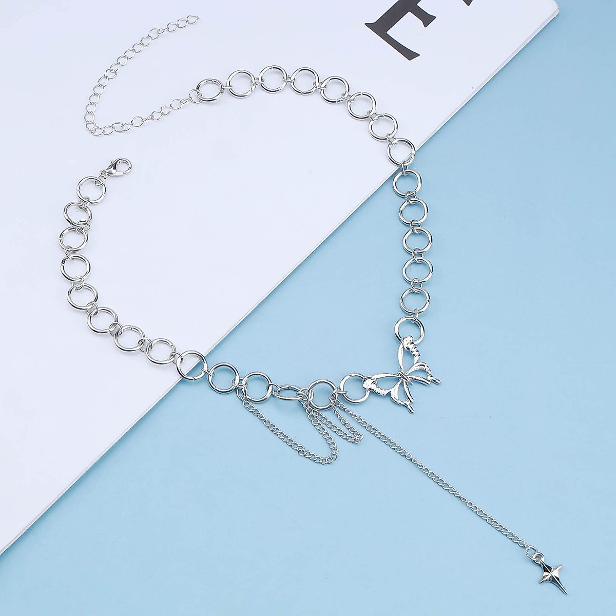 Iaceble Punk Butterfly Link Chain Necklace Butterfly Cross Choker Necklace Cross Butterfly Clavicle Necklace Silver Circle Rings Necklace Chain Jewelry for Women and Girls