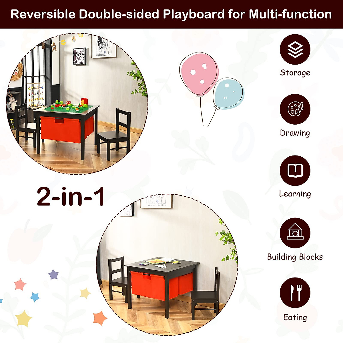 Costzon Kids Table and Chair Set, Children Wooden Activity Table w/Storage, Double-sided Building Block Tabletop, Drawer, 2 Chairs for Preschool, Nursery, Kindergarten, Toddler Table & Chair, Espresso