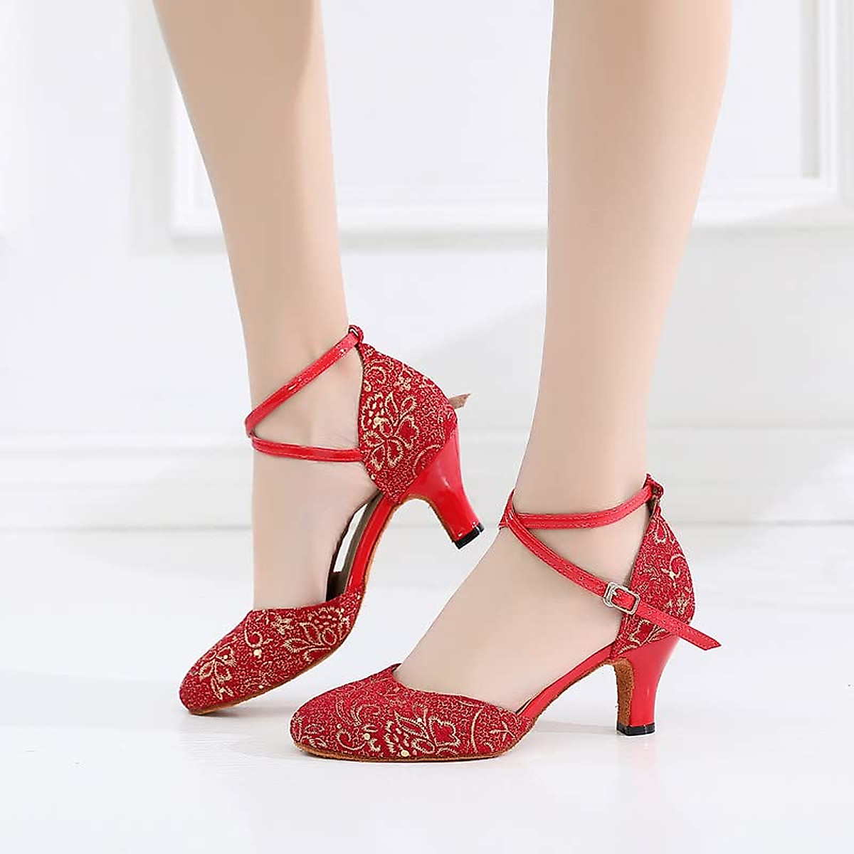 AOQUNFS Women Latin Dance Shoes Closed Toe Ballroom Salsa Tango Modern Practice Performance Party Dancing Shoes,QJW1017,Red-6,US 6.5