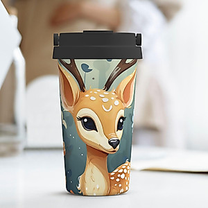 GTKSYNVE Reusable Coffee Mug with Lid and Handle, Cartoon Deer Flower Tumbler for Hot & Cold Drinks 16oz Stainless Steel Insulated Coffee Tumblers Double Wall Vacuum Thermal Cup