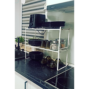 2 Pack Stackable Kitchen Cabinet Shelf Organizer Rack – Countertop Storage for Pantry, Bathroom, Office, Space Saving, Rust Resistant, Non-Slip, White, 20" L x 8.25" D x 7.3" H Each, 14.6" H Stacked