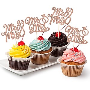 Rsstarxi 36 Pack Mr & Mrs Cupcake Toppers Glitter with Diamond Ring Miss to Mrs Wedding Cupcake Decorations for Bridal Shower Wedding Engagement Party Decorations Rose Gold
