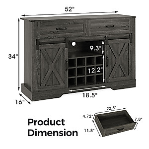 RoyalCraft Farmhouse Buffet Cabinet with Storage, 52'' Wine Bar Cabinet with Sliding Barn Door, Liquor Coffee Bar Cabinet and Sideboard for Kitchen, Dining Room, Rustic Dark Grey