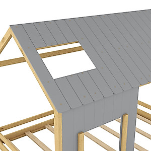 Full House Bed, Montessori Bed Full Size Floor Bed with Rails and Roof, Window, Solid Wood Platform Bed Frame with Slats, for Kids Teens Girls Boys (Full Size, Gray+Natural)