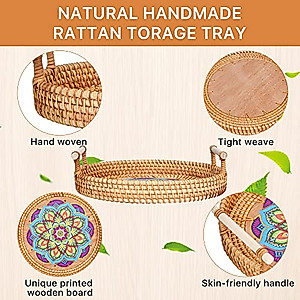 Elesunory Hand-Woven Rattan Serving Tray, Rattan Round Serving Tray with Handle, Coffee Tray Decor for Serving Coffee, Drinks, Bread, Fruit, Vegetables, Snacks