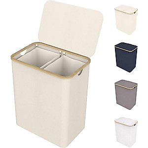ZengRun- Double Laundry Hamper with Lid Cover - Bamboo Section Laundry Basket - Collapsible Clothes Fabric Bin - Easy and Efficient Sorting - Removable Bags - 140L - Light gray