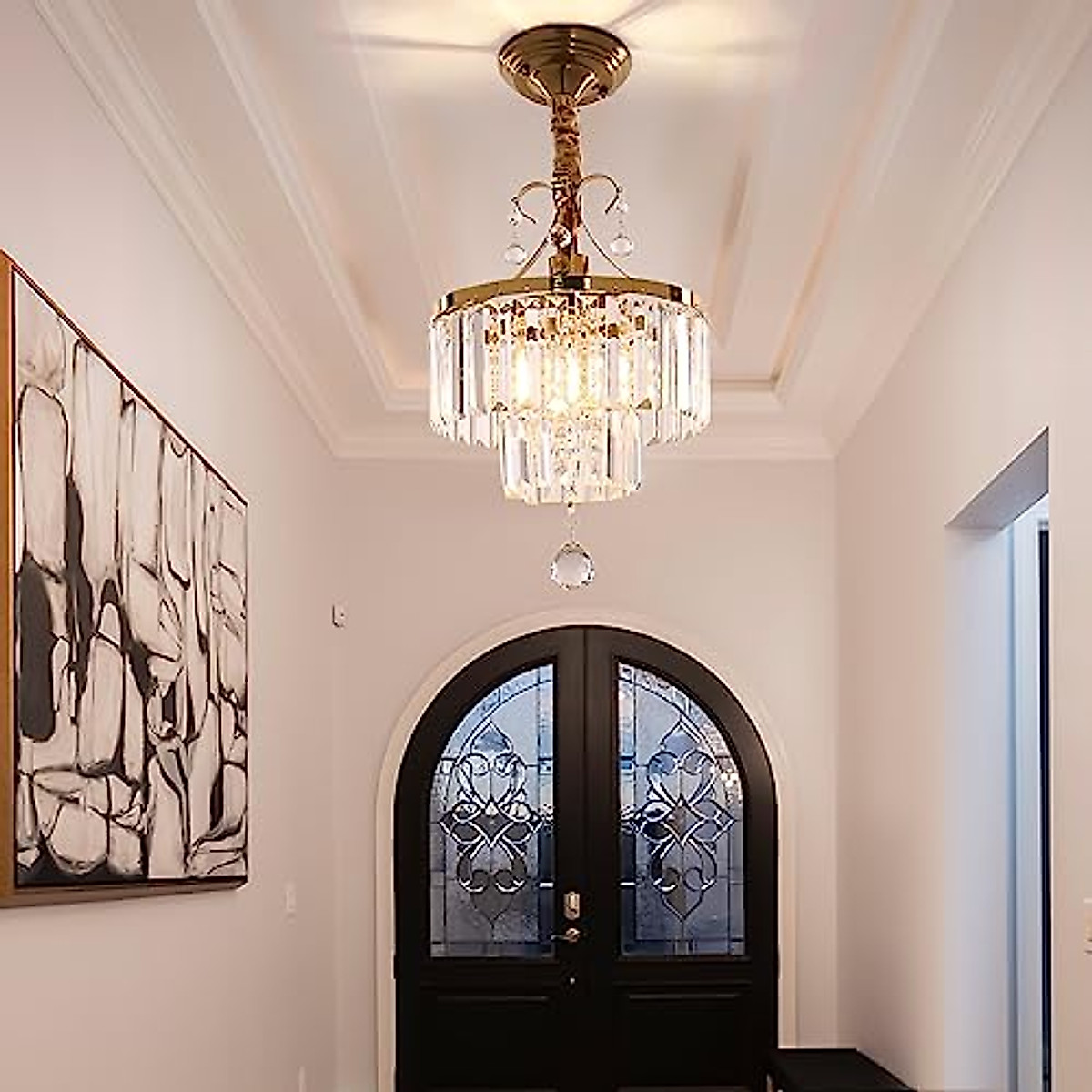 Zenouidle Modern Crystal Chandelier Crystal Pendant Light Fixture 2-Tier Round Flush Mount Ceiling Light for Dining Room Bedrooms Living Room Entryway,Gold(E26 Base)