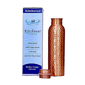 Kitchnver 100percentage Handcrafted Floral Engrave Pure Copper Water Bottle 34 Oz 1 Liter Extra Large Leak Proof Vessel Pot Etched
