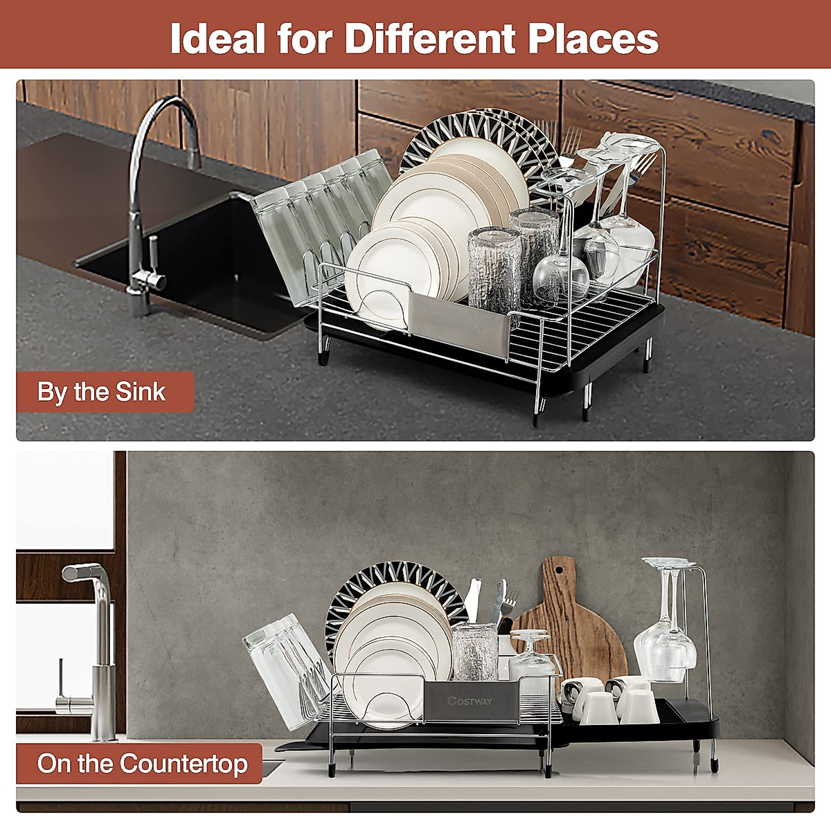 Giantex Stainless Steel Dish Rack, Expandable Dish Drainer Rack with Cutlery Cup Glass Holder, Removable Drip Tray, 360-Degree Swiveling Spout, Rust Proof Dish Dryer Rack for Kitchen Counter