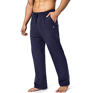 Pudolla Men's Cotton Yoga Sweatpants Athletic Lounge Pants Open Bottom Casual Jersey Pants for Men with Pockets (Navy Blue Large)
