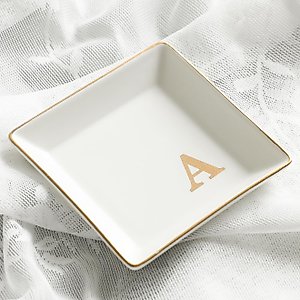COLLECTIVE HOME - Ceramic Jewelry Tray, Monogram Decorative Trinket Dish for Rings Earrings Necklaces Bracelet Watch Keys, Birthday Mother's Day Christmas Gift for Women, 4" x 4" (A)