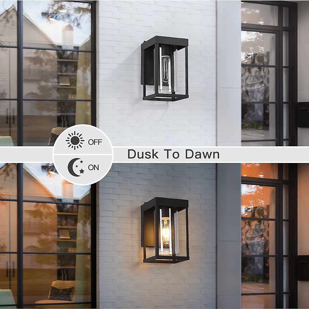 LAMPRESSION 2-Pack Black Outdoor Wall Light Fixtures, Dusk to Dawn Exterior Wall Lantern Sconce, 9" H Outdoor Porch Light Wall Mount with Clear Glass Shade