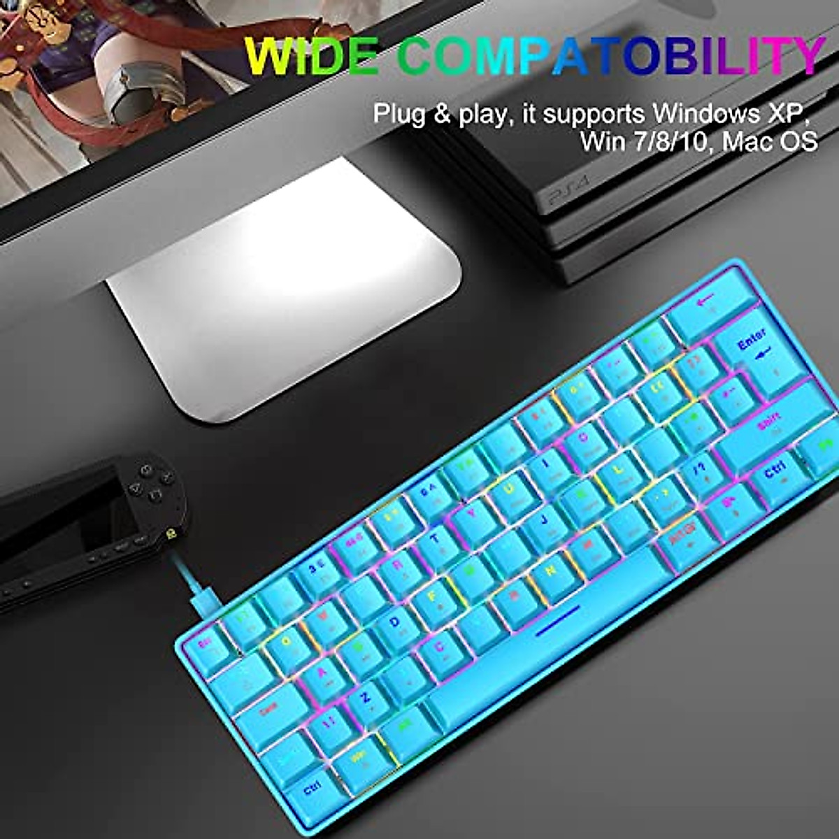SELORSS Mini 60% Wired Mechanical Gaming Keyboard,22 RGB Chroma Backlit, Compact 62 Full Anti-ghosting Keys, USB C Cable,Replaceable Keycaps,Linear Switch for Gamer/Typist/Xbox/PC/Win/Mac(Blue)