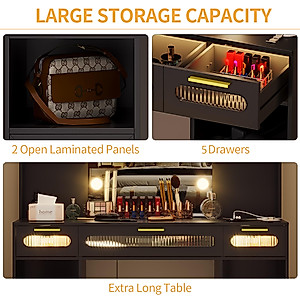 Vlsrka Black Vanity Desk with Mirror and Lights, Makeup Vanity Set with Charging Station, Power Strip, Vanity Table with Hollywood Mirror and Chair, 3 Colors Lighting Modes