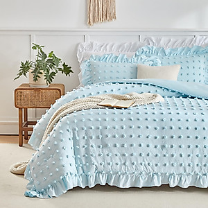 Tufted Dots Ruffle Comforter Set Twin Size, 3 Pieces Blue Ruffled Farmhouse Comforters, Luxury Embroidery Shabby Chic Pom Pom Tufts Boho Bohemian Bedding Set for Kids(1 Comforter + 2 Pillowcases)