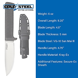 COLD STEEL Master Hunter 4.5" VG-10 San Mai III Drop Point Blade 4.75" Kray-Ex Handle Fixed Blade Knife w/Secure-Ex Sheath