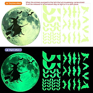 Konsait 54pcs Halloween Glow in The Dark Stickers Luminous Witch Moon Bats Peeping Eyes Wall Stickers Window Ceiling Wall Decals for Nursery Baby Kids Bedroom Halloween Bedroom Party Gift