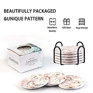 Lahome Pink Coasters for Drinks Absorbent with Holder,Set of 6 Marble Pattern Ceramic Stone Coaster Set with Cork Backing for Mugs Cups Wooden Coffee Table Protection,4 Inches