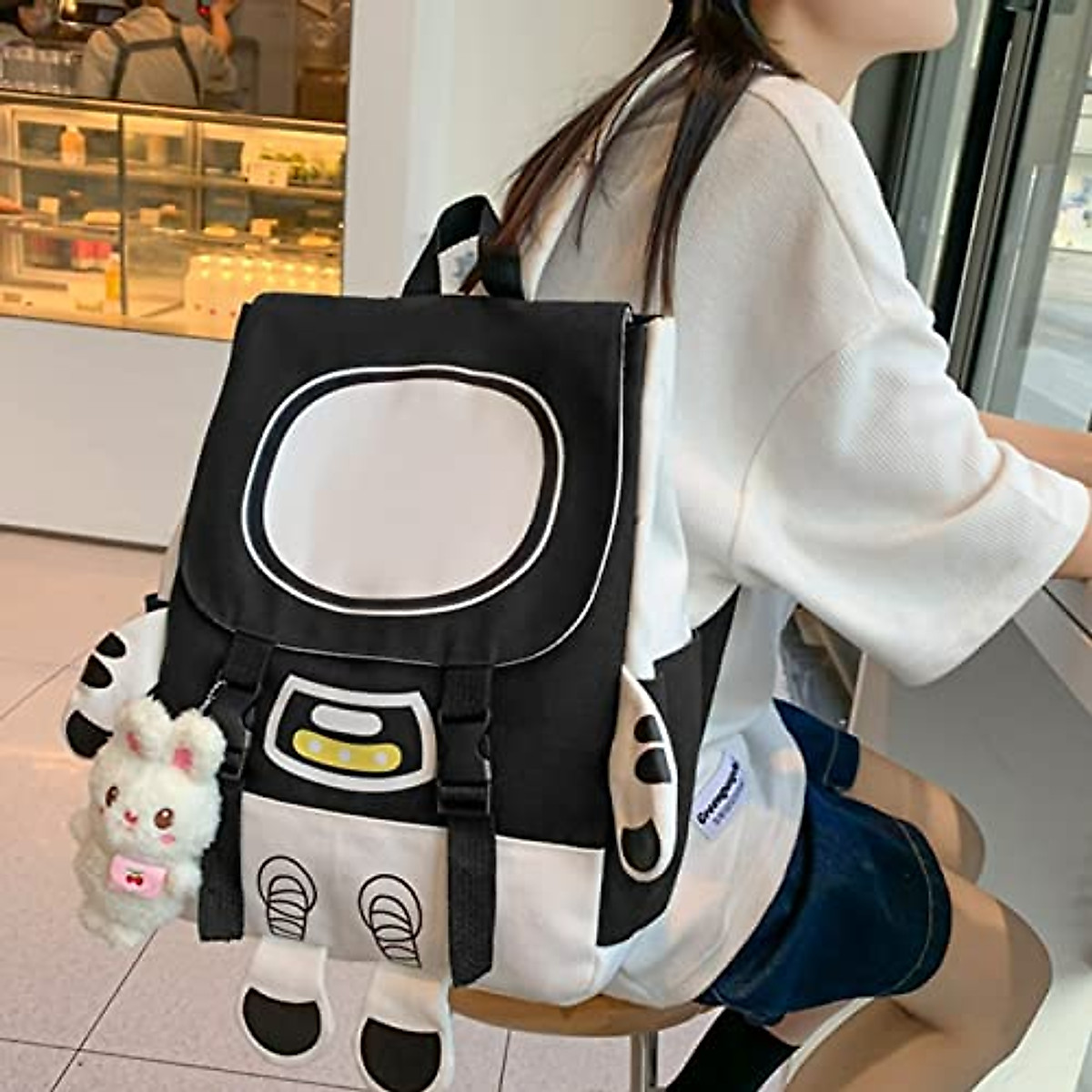 Kawaii Backpack for Teen Girls Boys School College Travel Aesthetic Bookbag with Cute Pendant Casual Bag Schoolbag Daypack (Black/White)