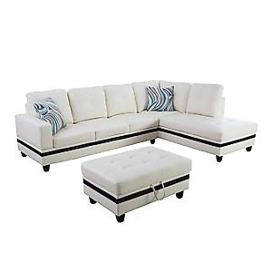 Ainehome Furniture Sectional Sofa Set, Living Room Sofa Set, Leather Sectional Sofa, Black & Ivory White Sofa Set (Right Hand Facing,#3)