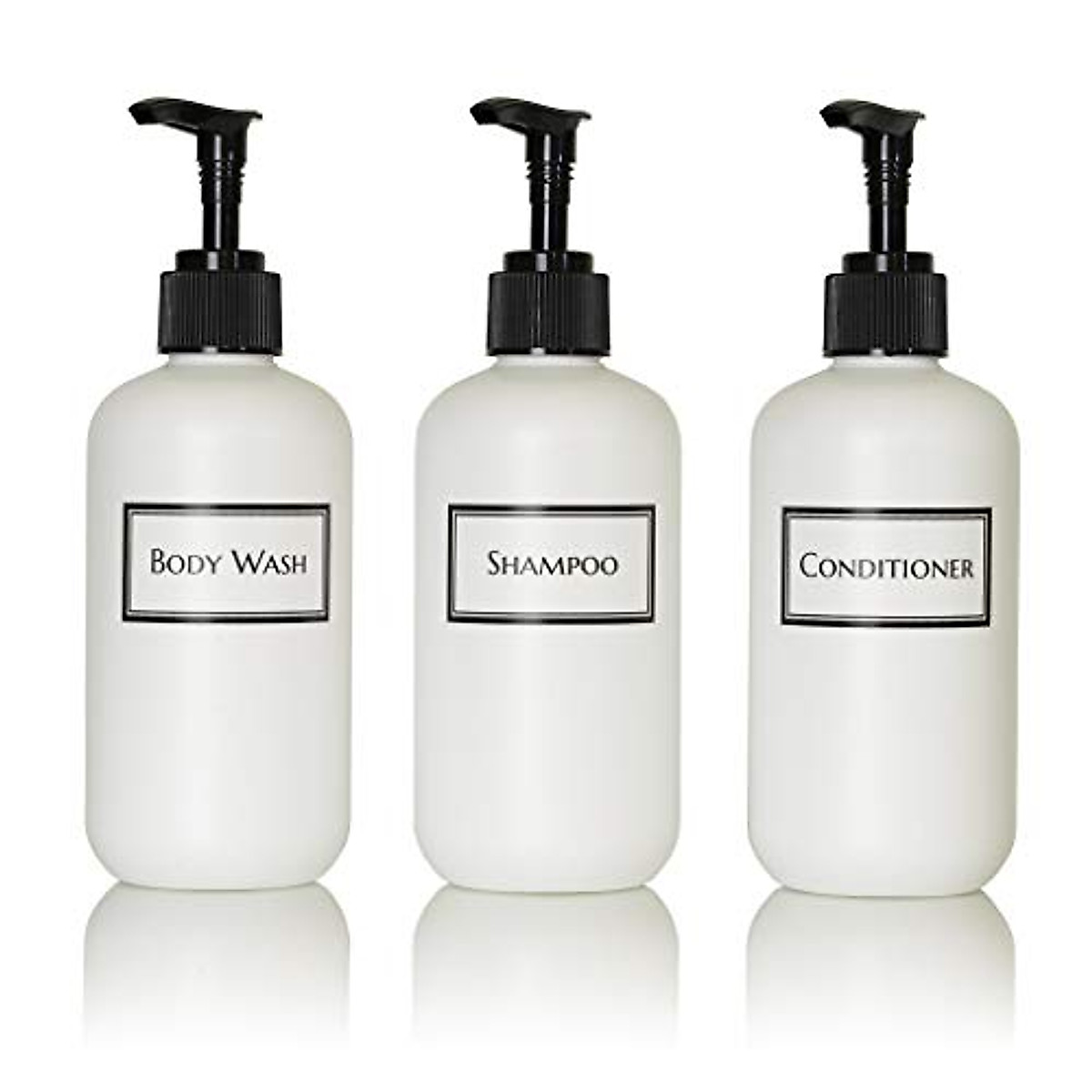 Artanis Home Silkscreened Empty Small HDPE Plastic Shower Bottle Set for Shampoo, Conditioner, and Body Wash, 8 oz 3-Pack, White (Black Pumps)