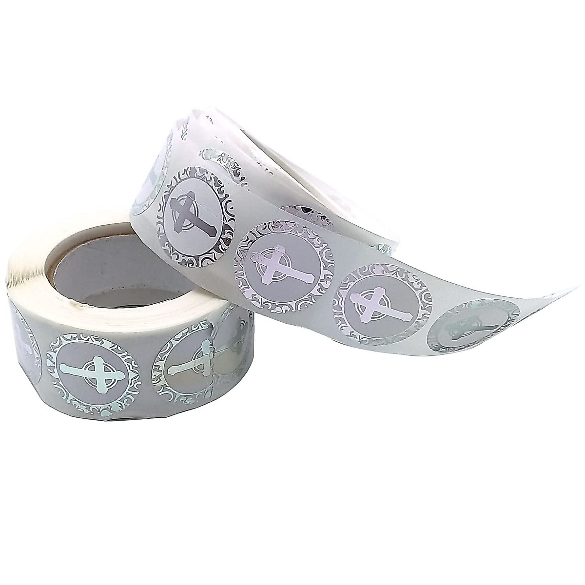 SUPIA 2 Pack 500-Piece Total 1000 Christian Cross Sticker Roll, Design Round Labels with Gold Foil Finish Christening, Communion, Occassions, Envelope Seals, 1 inch/2.5 cm in Dia (Silver), (DF-136)