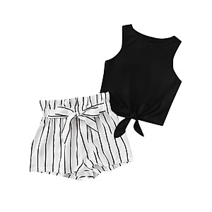 OYOANGLE Girl's 2 Piece Outfits Summer Tie Knot Tank Top and Paperbag Waist Striped Shorts Set Black and White 8Y