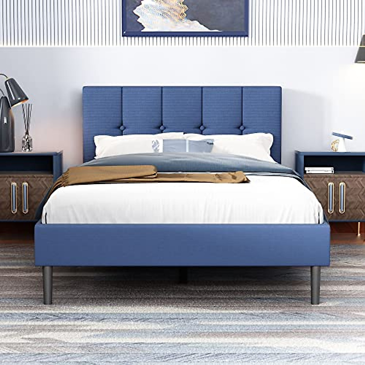 Twin Size Upholstered Platform Bed Frame with Button Tufted Stitched Headboard, Fabric Mattress Foundation with Metal Wood Slat Support, No Box Spring Needed, Noise Free Design, Easy Assembly, Blue