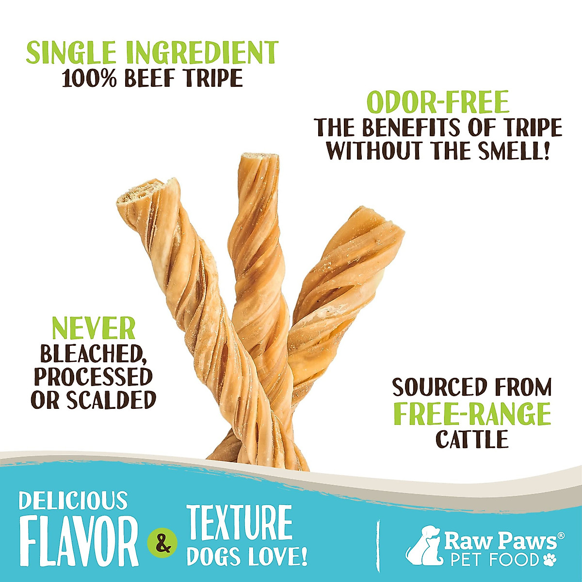 Raw Paws Beef Tripe Twists for Dogs - 5 inch, 5-Pack - Packed in USA - Free-Range Green Tripe Sticks for Dogs - Odor-Free, Crunchy Tripe Dog Treats - All-Natural Green Beef Tripe Sticks Chews