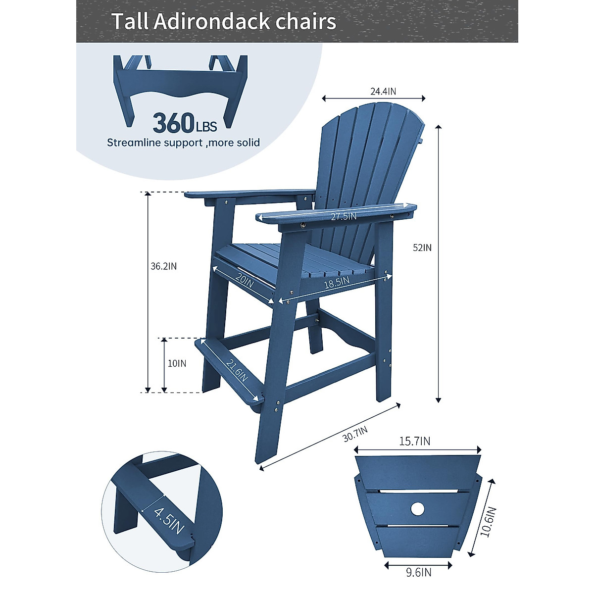 Aoorun 51.9''Poly Patio Chairs bar Height，high Outdoor Chairs Table hdpe, Tall Adirondack Set for 2 (30.7" D x 27.9" W) - Navy Blue