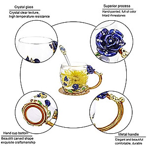 onepeng Birthday Gifts For Women, Glass Flower Tea Mugs,Fancy Tea Cups,Gifts for Mom Women Mothers Day Wife Friends Valentines Day Christmas(Rose-Blue-Short)