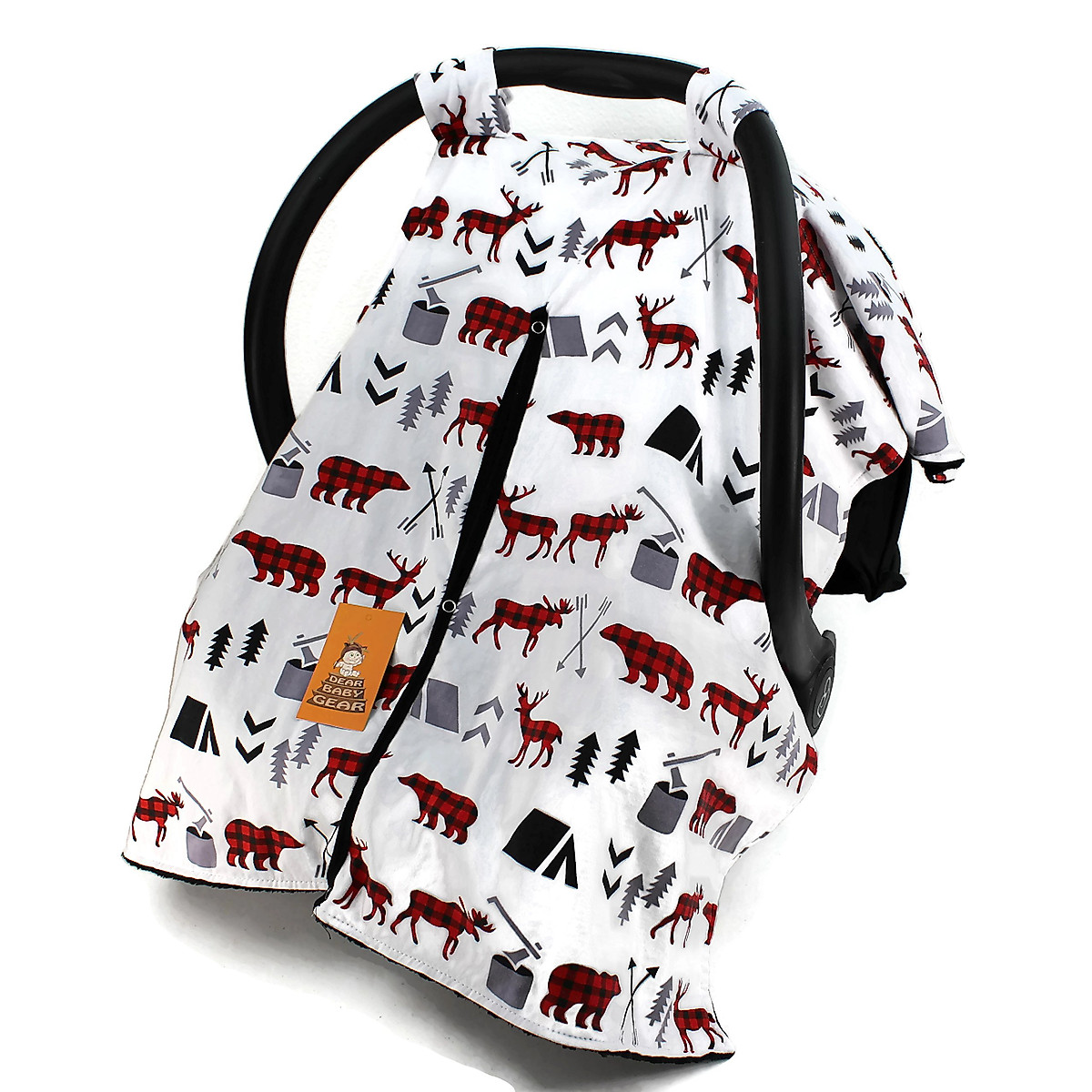 Dear Baby Gear Car Seat Canopy, Woodland Adventure Bear Moose Plaid, Minky Black