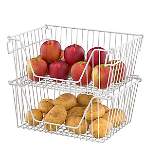 Slideep 14'' Large Stackable Storage Baskets Cabinet Organizer Sturdy Metal Wire Pantry Freezer Bin for Pantry Home Bathroom Kitchen Organization White - 4 Pack