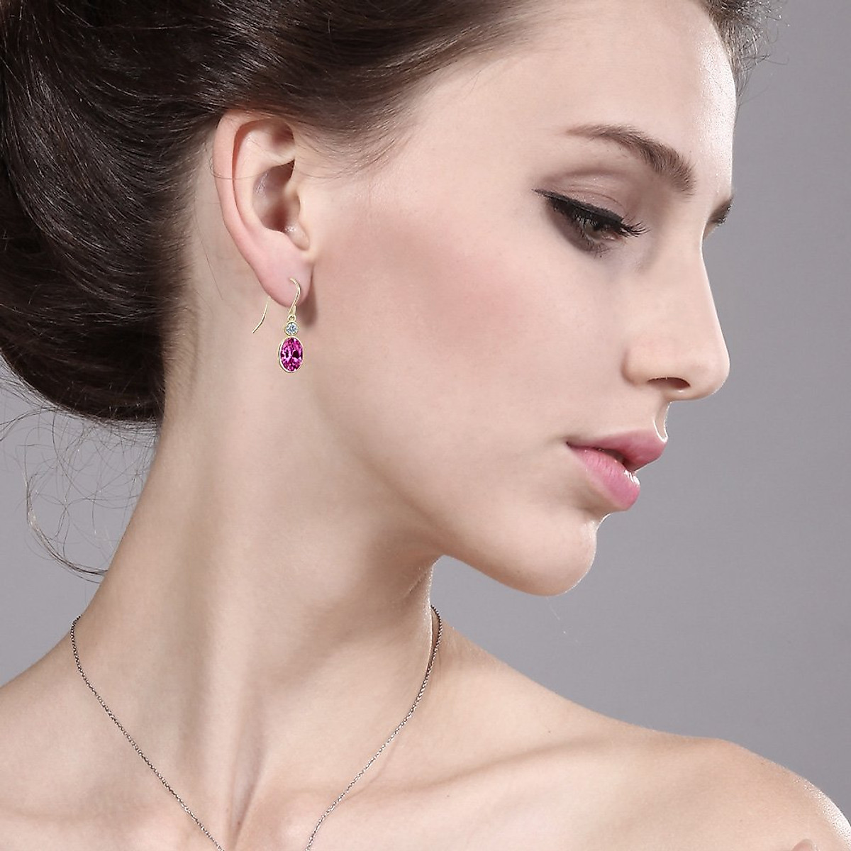 Gem Stone King 14K Yellow Gold Pink Created Sapphire and White Diamond Hook French Fish Ear Wire Dangle Earrings For Women (3.50 Cttw, Gemstone September Birthstone, Oval 8X6MM, Round 3MM)