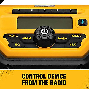 DEWALT 20V MAX Bluetooth Radio, 100 ft Range, Battery and AC Power Cord Included, Portable for Jobsites (DCR025)