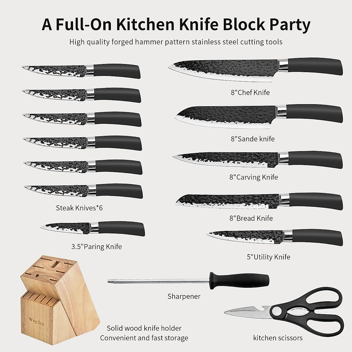 Kitchen Knife Set Non Stick Knives with Wood Storage, Serrated Steak Knife, Chef Knife, Scissors with Sharpener, 15Pcs Ultra-Sharp Cutlery Block Sets for Home & Pro Use Best Gift (Black)