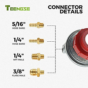 POL 0-20PSI Propane Regulator Valve, TEENGSE High Pressure Adjustable POL LP Tank Service Valve, 1/4inch NPT&3/8inch Flare Male Fitting, 5/16inch&1/4inch Hose Barb Connector for Generators, Burners