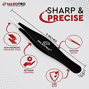 Professional Sharp Tweezers Pointed Tip | Stainless Steel, Fine Tip Needle Nose Tweezers for Women and Men | Facial & Eyebrow Hair, Ticks, Precision Splinter & Ingrown Hair Removal by MAXOPRO – Black