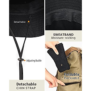 Camptrace Bucket Hat for Women Men Canvas Washed Cotton Trendy Distressed Womens Summer Beach Sun Hats with Detachable String (Black, Large)