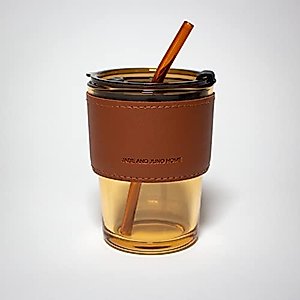 JADE AND JUNO HOME Glass Coffee Mug/Tea Cup with Glass Straw and Leakproof Lid (15oz) - Travel Friendly Cups with Heatproof Sleeves for Hot and Cold Beverages (Rich Caramel)