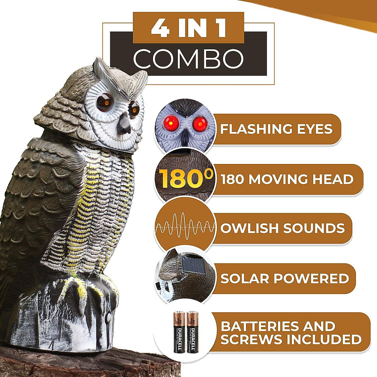 BuboBoss Fake Scarecrow Owl Decoy |16 Inch Solar Powered Motion Activated Plastic Owl to Keep Pigeons, Squirrels, Rabbits, and Rats Away from Gardens, Barns, Decks, and Terraces