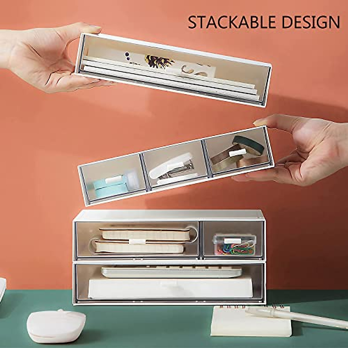 Vowcarol Desk Organizer Bathroom Organization Boxes, Desk Storage Box with 6 drawers, Plastic Makeup Organizer, Desktop Organizer for Office School Home (White)