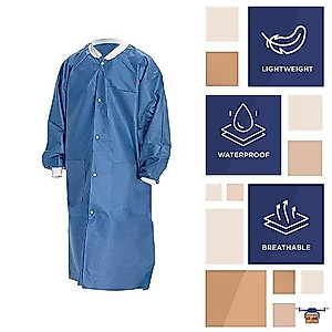 EZGOODZ Disposable Lab Coats for Adults Medium, Blue SMS Waterproof Disposable Clothing 10 Pack, Breathable and Light Lab Coats Disposable 40 GSM with Knit Wrists, Collar, Front Snaps, 3 Pockets