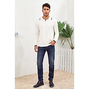 Mens Polo Sweater Long Sleeve Knitted Slim Fit Pullover V-Neck Casual Striped Knitwear Tops