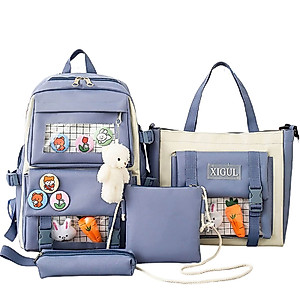 AG AGUU Backpack with Pendants and Pins Accessories 4Pcs Sets Rucksack Bag for Women(Blue)