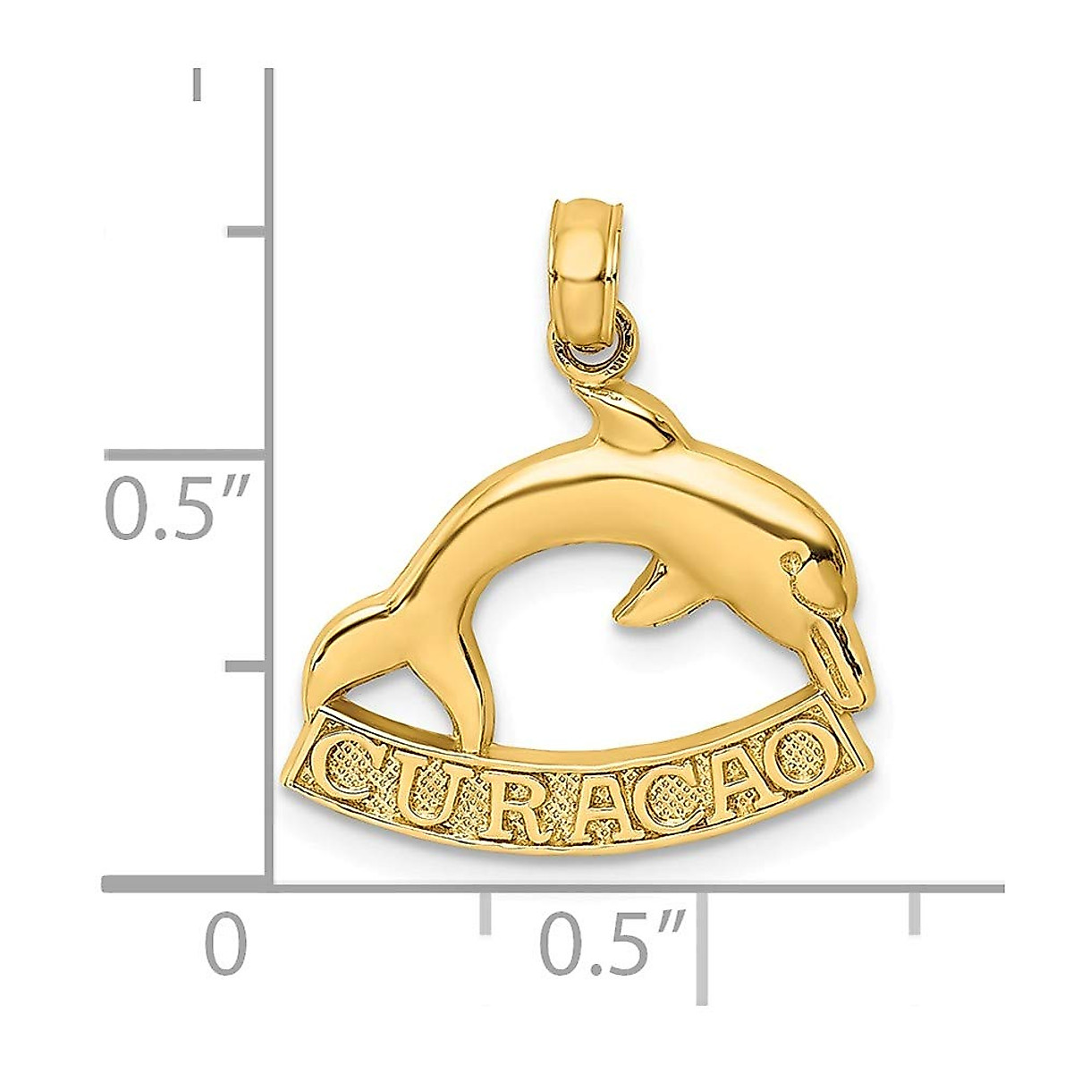 Solid 14k Yellow Gold 2-D CURACAO Under Dolphin Charm Souvenir Pendant - 20mm x 18mm