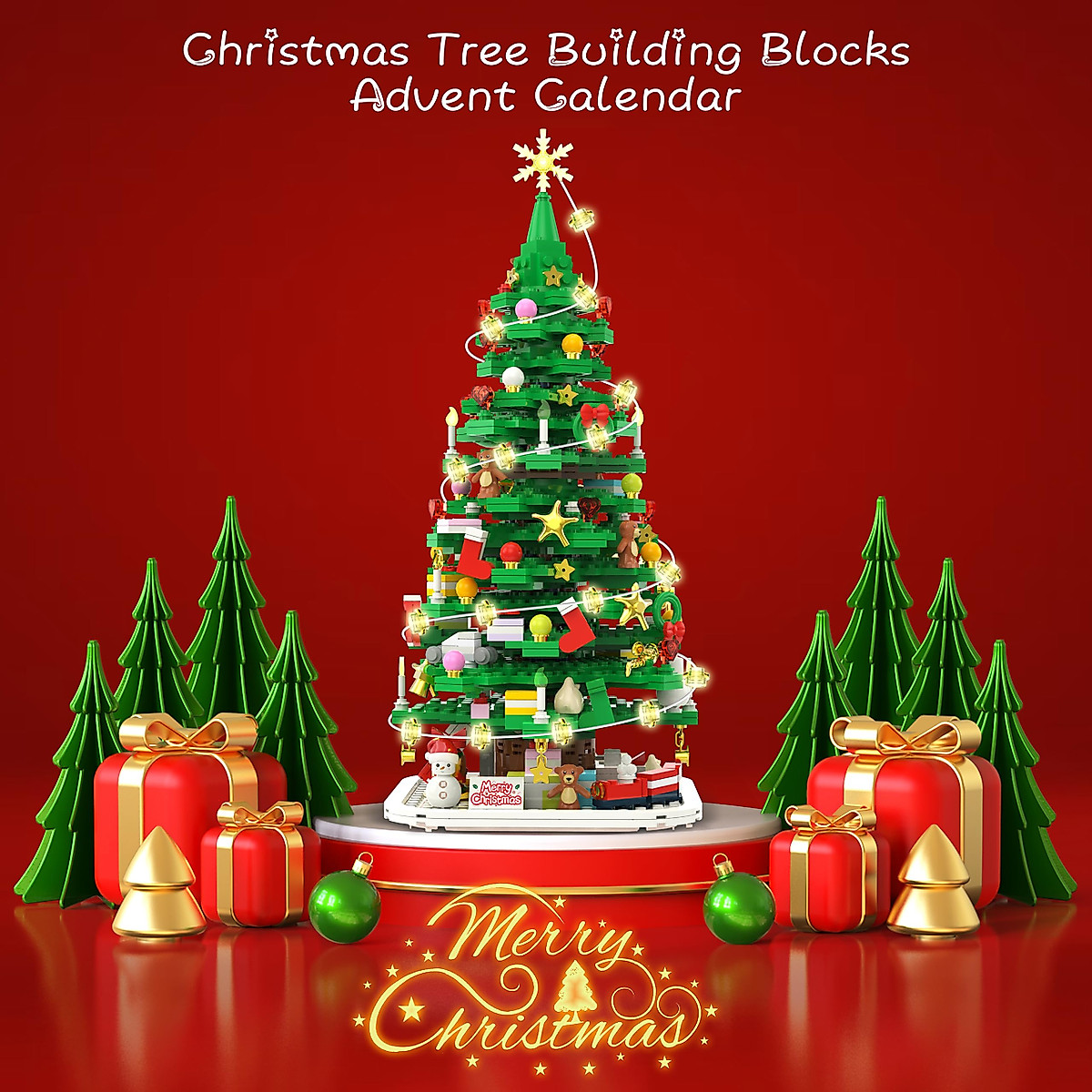 Advent Calendar 2023 Christmas Tree Building Toy Set with LED light, 1066 Pieces Christmas Countdown Calendar, 24 Days Building Block for Kids Adult Creative Gifts for Adults Teens Girls Ages 8+