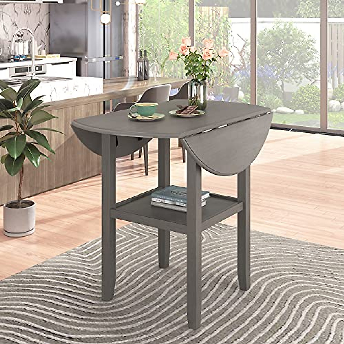 Harper & Bright Designs 3 Piece Counter Height Kitchen Dining Set with Round Drop Leaf Dining Table, Shelf and 2 Cross Back Padded Chairs, Farmhouse Dining Room Set for Small Places, Gray